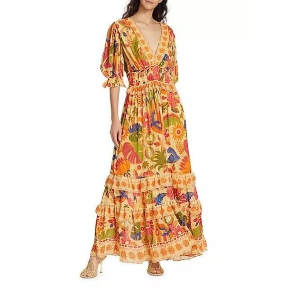 FARM Rio | Dresses | Farm Rio Yellow Rio Tapestry Floral Maxi Vneck ...